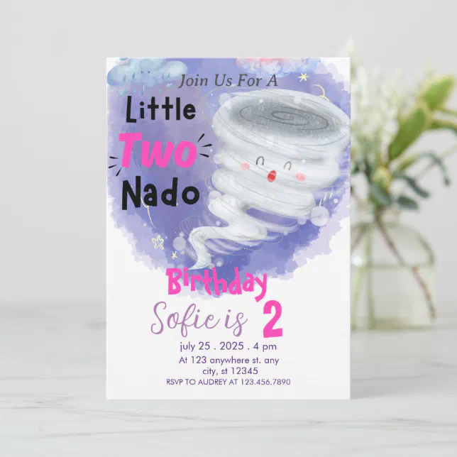 Tornado Pink Girls 2 Birthday Two-Nado Invitation | Zazzle