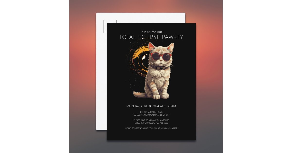 Total Solar Eclipse 2024 Fun Cat Viewing Party Invitation Postcard | Zazzle