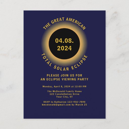 Total Solar Eclipse 2024 Viewing Party Invitation Postcard | Zazzle