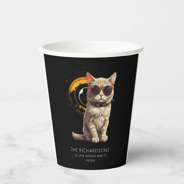 Total Solar Eclipse April 2024 Fun Cat in Glasses Paper Cups | Zazzle