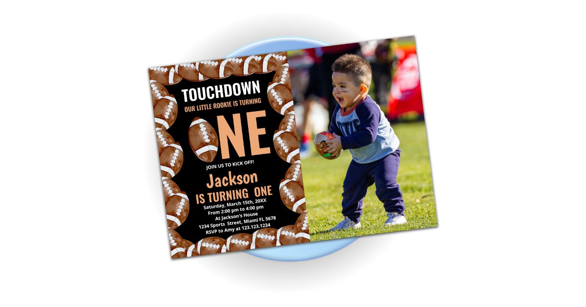 Touch Down One Black Football Birthday With Photo Invitation | Zazzle