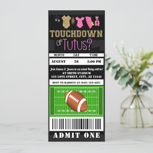 Touchdown or Tutus Football Ticket Gender Reveal Invitation | Zazzle