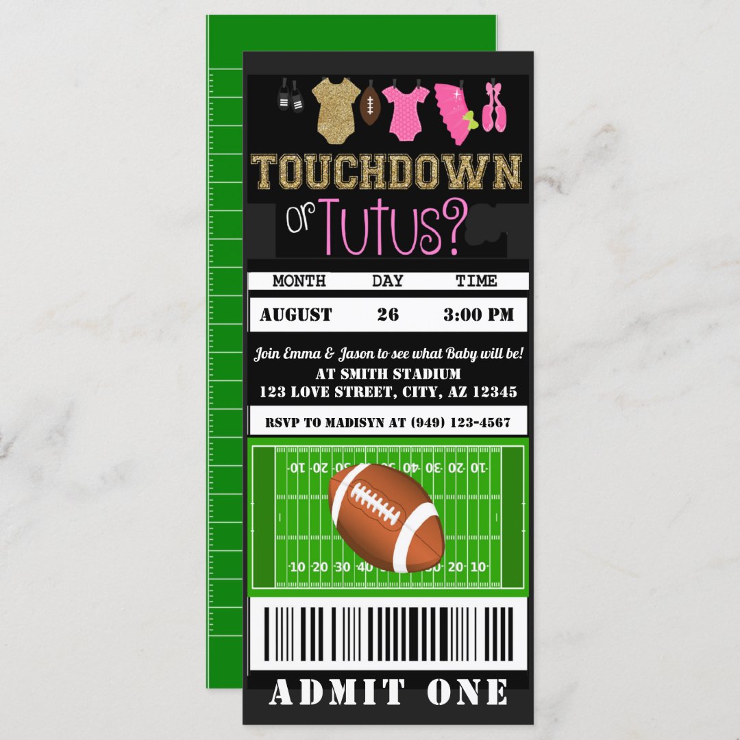 Touchdown or Tutus Football Ticket Gender Reveal Invitation | Zazzle Touchdown or Tutus Football Ticket Gender Reveal Invitation | Zazzle