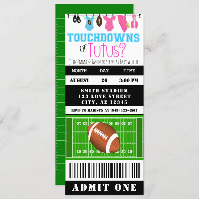 Touchdown or Tutus Football Ticket Gender Reveal Invitation | Zazzle