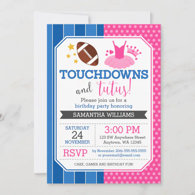 Touchdowns and Tutus Pink Blue Birthday Invitation | Zazzle