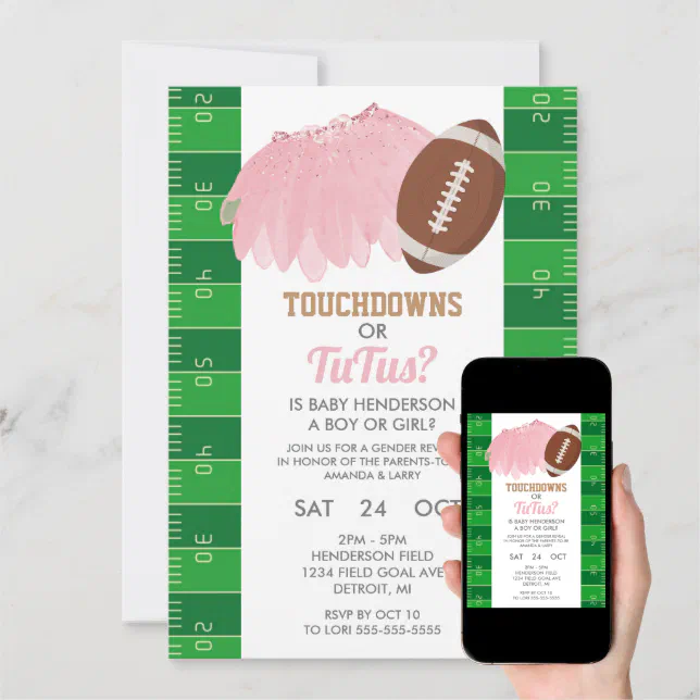 Touchdowns or Tutus Gender Reveal Invitation | Zazzle