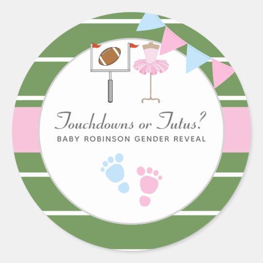 Touchdowns or Tutus Gender Reveal Party Classic Round Sticker | Zazzle.com