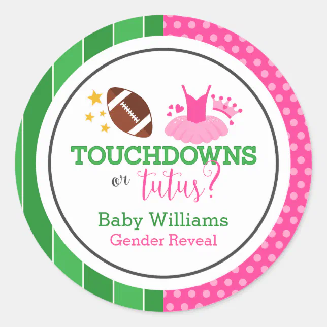 Touchdowns or Tutus Gender Reveal Party Classic Round Sticker | Zazzle