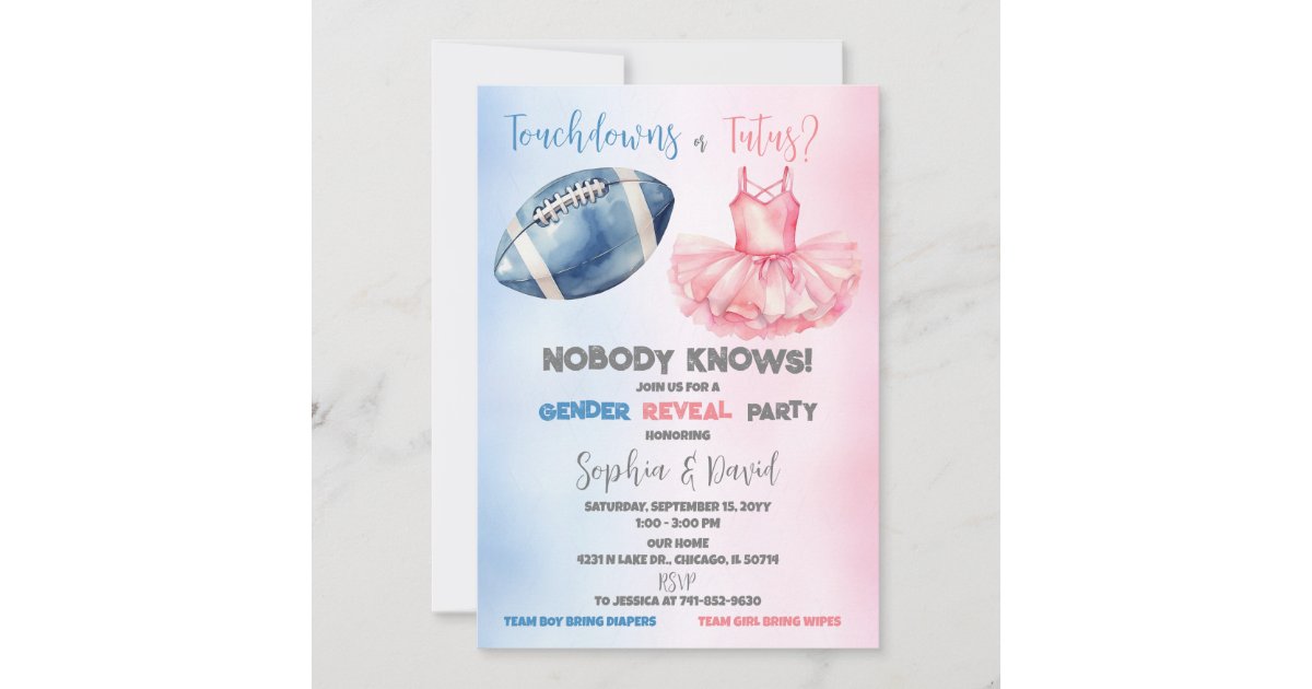 Touchdowns or Tutus Gender Reveal Party Invitation | Zazzle