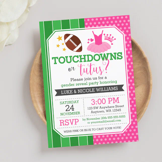 Touchdowns or Tutus Gender Reveal Party Invitation | Zazzle