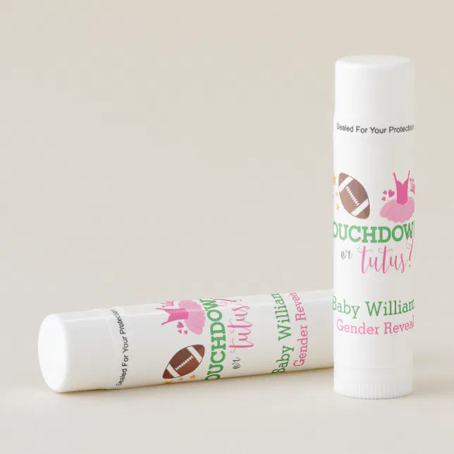 Touchdowns or Tutus Gender Reveal Party Lip Balm | Zazzle