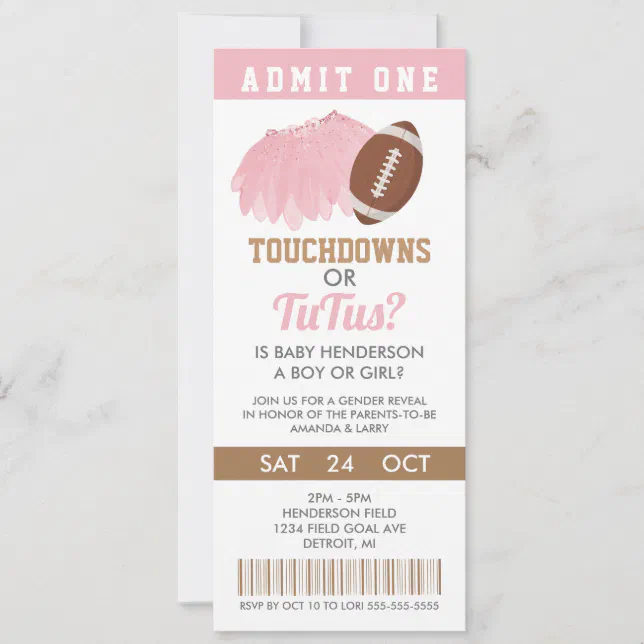 Touchdowns or Tutus Gender Reveal Ticket Invitation | Zazzle
