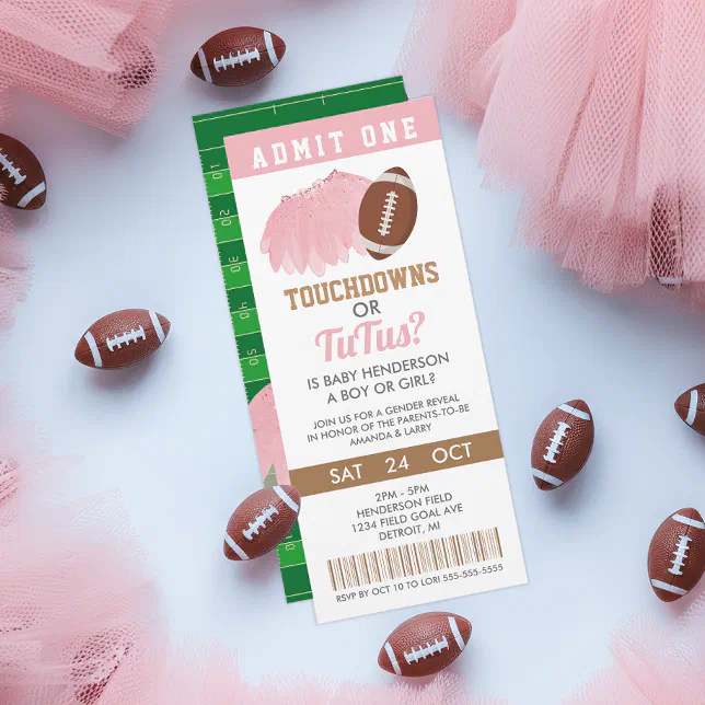 Touchdowns or Tutus Gender Reveal Ticket Invitation | Zazzle