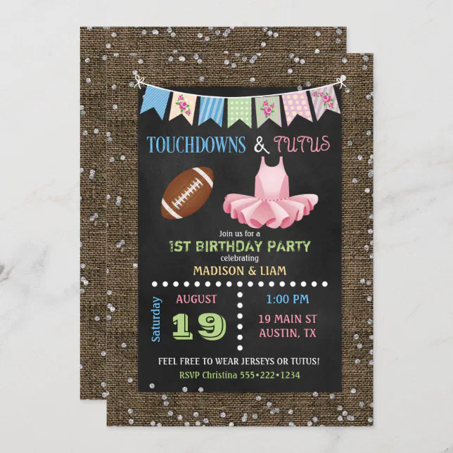 Touchdowns & Tutus Twins Birthday or Baby Shower Invitation | Zazzle