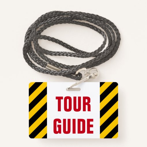 "TOUR GUIDE" + Black & Yellow Stripes Badge | Zazzle
