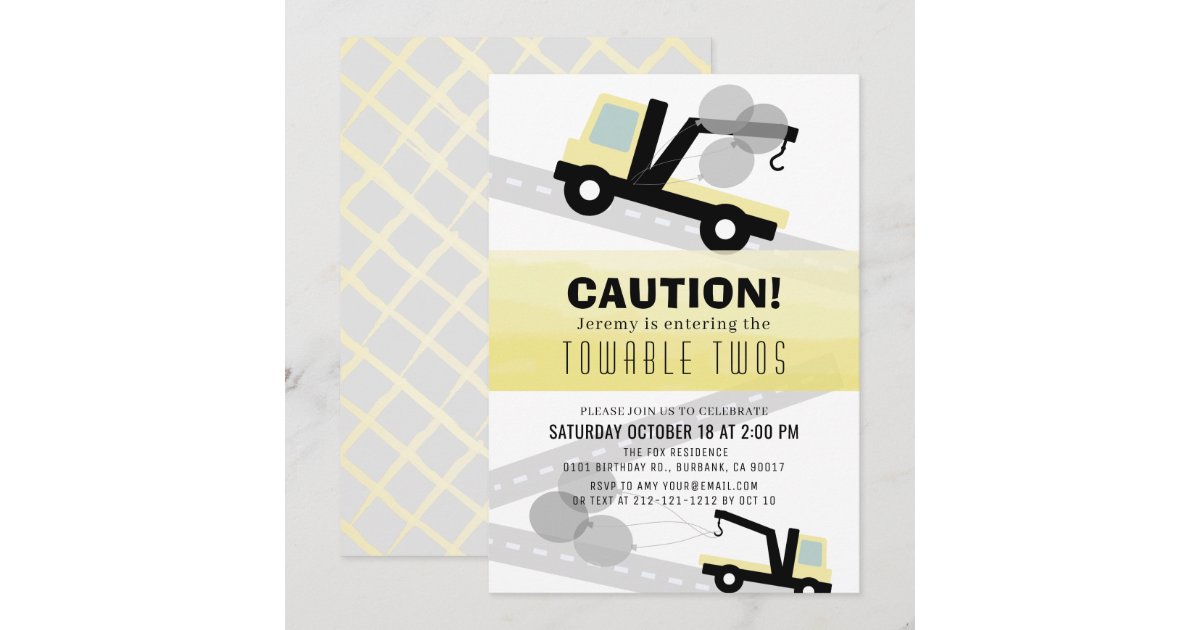 Towable Twos Wrecker 2nd Birthday Invitation | Zazzle