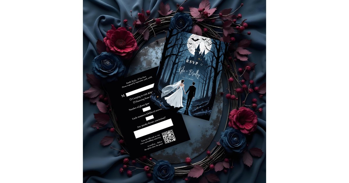 Toward Haunted Castle Wedding Couple Spooky Forest RSVP Card | Zazzle