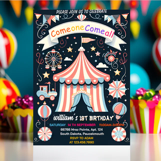 town cute kids Carnival Circus Show 1st Birthday Invitation | Zazzle