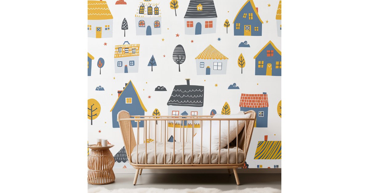 town kids, houses baby room, nursery wallpaper | Zazzle