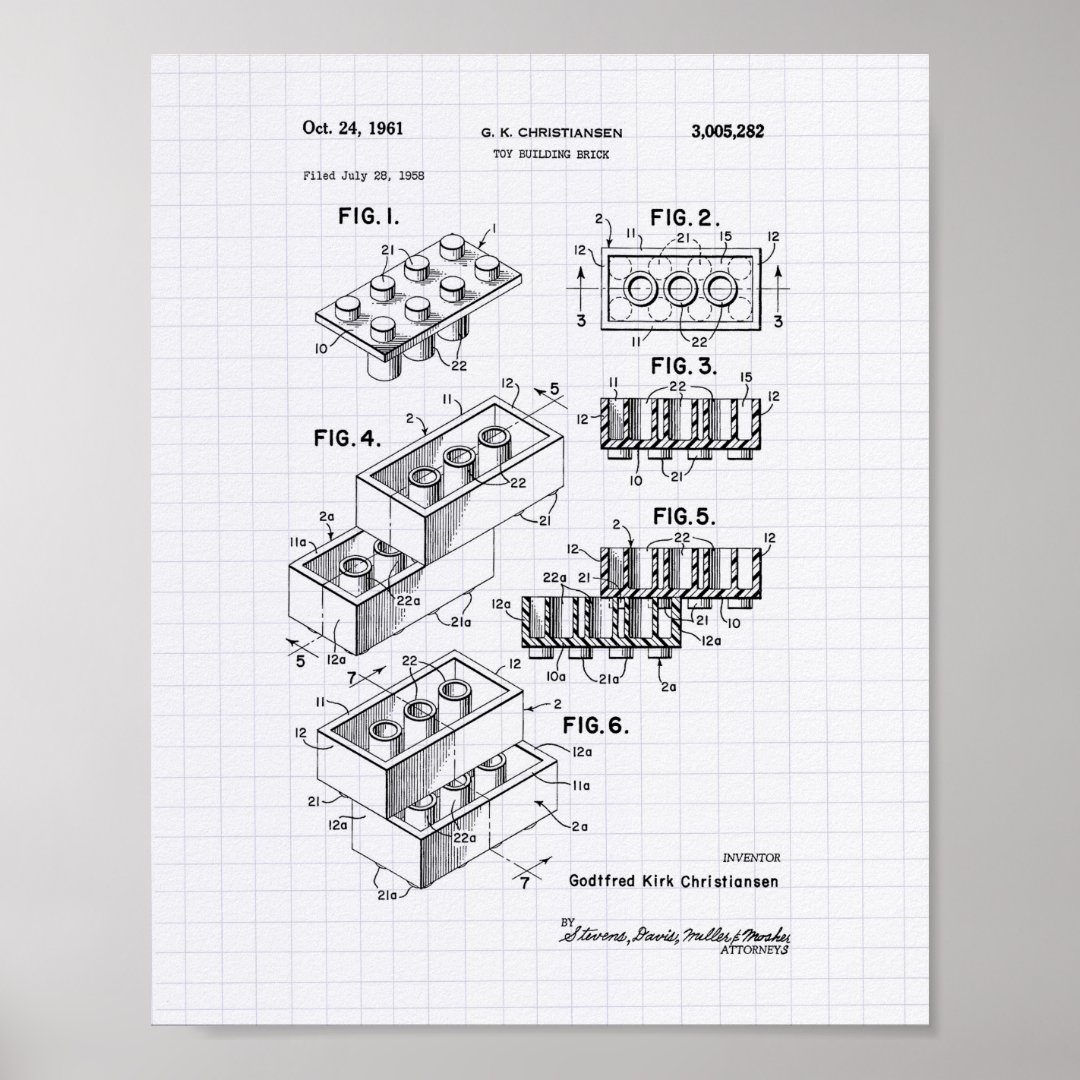 Toy Building Brick 1961 Patent Art - Lined Peper Poster | Zazzle