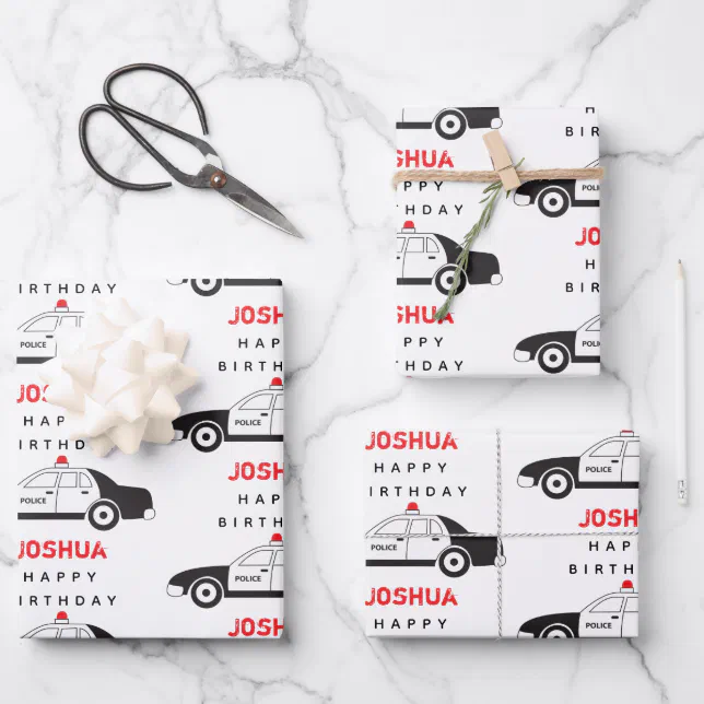 Toy Police Car Custom Name Kids Birthday Wrapping Paper Sheets | Zazzle