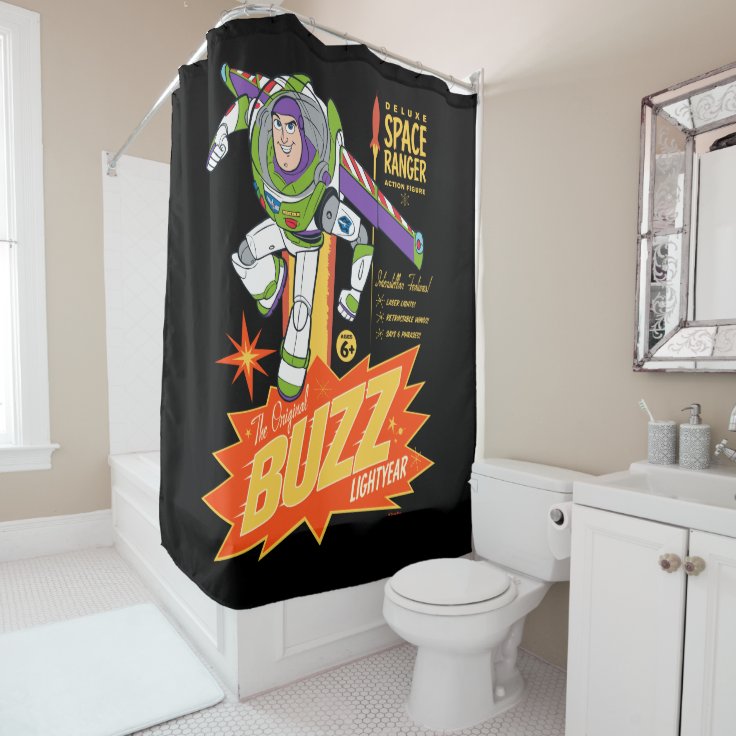 Toy Story 4 | Buzz Lightyear Action Figure Ad Shower Curtain | Zazzle