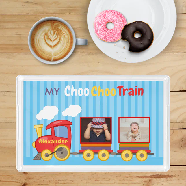 Toy Train Toddler Boys Birthday Blue Acrylic Tray | Zazzle
