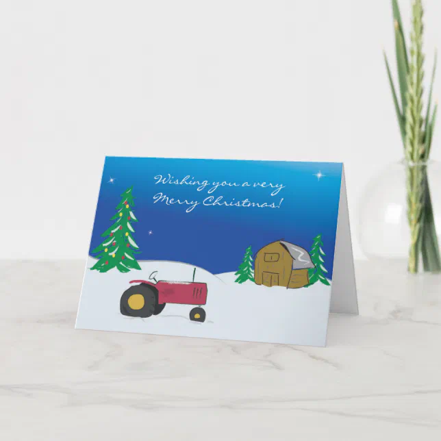 Tractor Christmas Card: Red Tractor Barn Scene Holiday Card | Zazzle