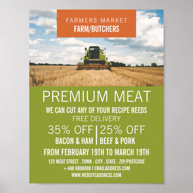 Tractor in Field, Farmer & Butcher Advertising Poster | Zazzle