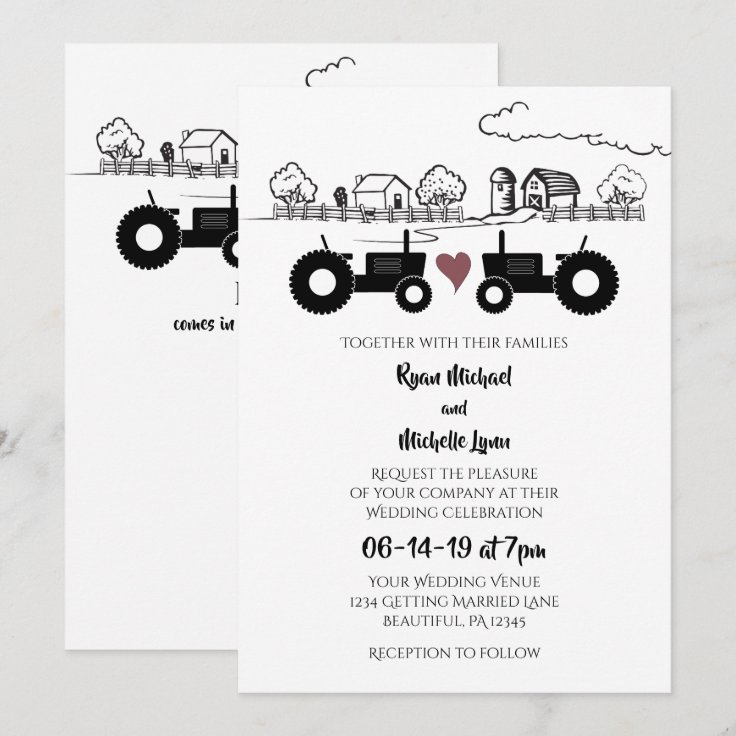 Tractors in LOVE Black and White Farm Wedding Invitation | Zazzle