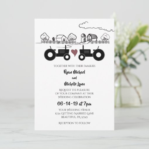 Tractors in LOVE Black and White Farm Wedding Invitation | Zazzle