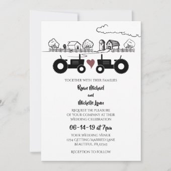 Tractors in LOVE Black and White Farm Wedding Invitation | Zazzle