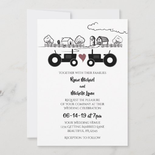 Tractors in LOVE Black and White Farm Wedding Invitation | Zazzle