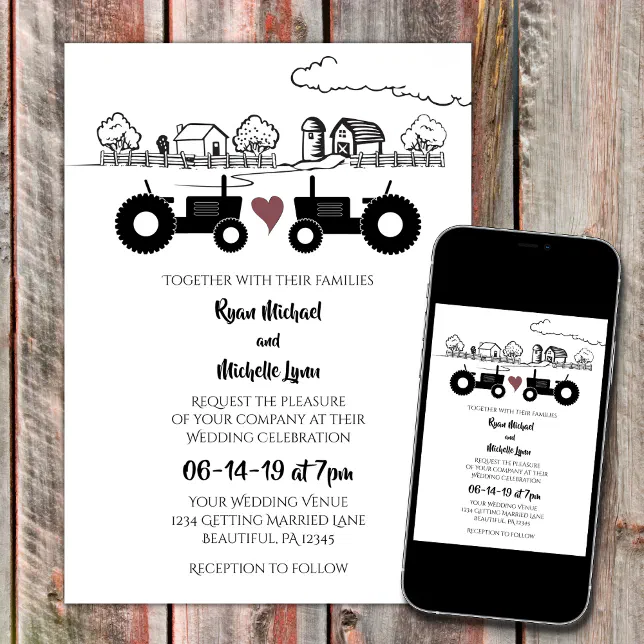 Tractors in LOVE Black and White Farm Wedding Invitation | Zazzle