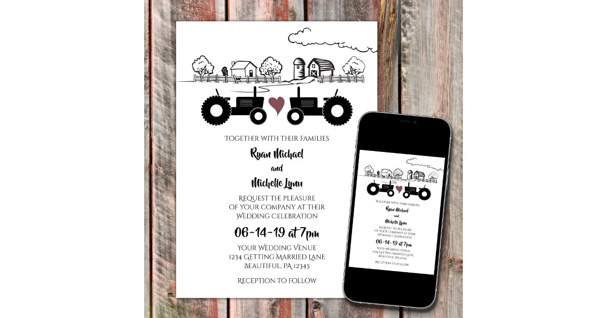 Tractors in LOVE Black and White Farm Wedding Invitation | Zazzle