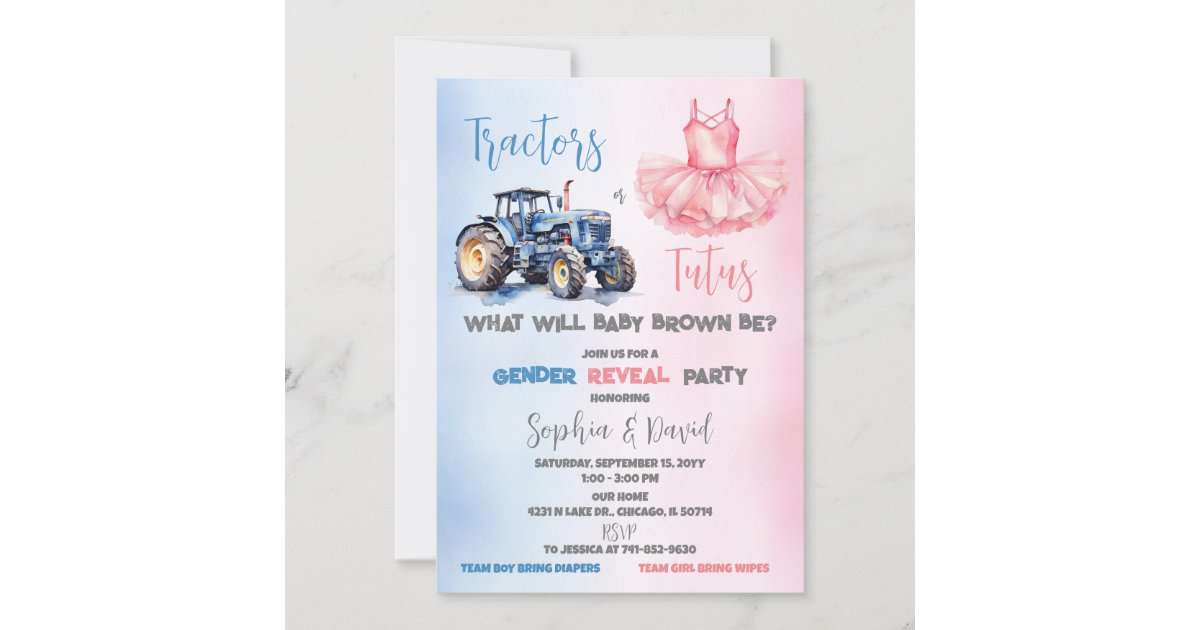 Tractors or Tutus Gender Reveal Party Invitation | Zazzle