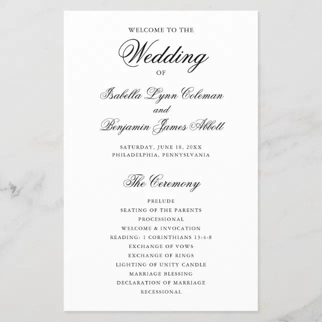 Traditional Black and White Wedding Program Flyer | Zazzle