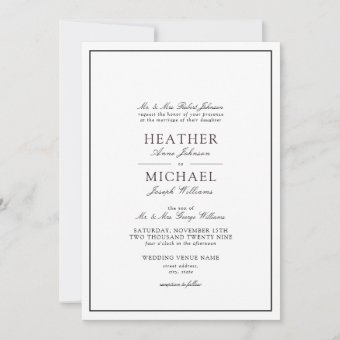 Traditional Black & White Classic Script Wedding Invitation | Zazzle