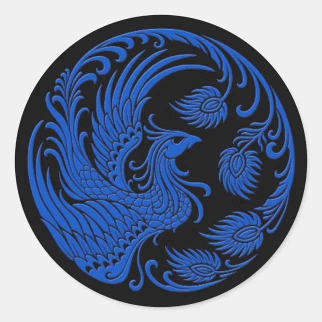 Traditional Blue Phoenix Circle on Black Classic Round Sticker | Zazzle