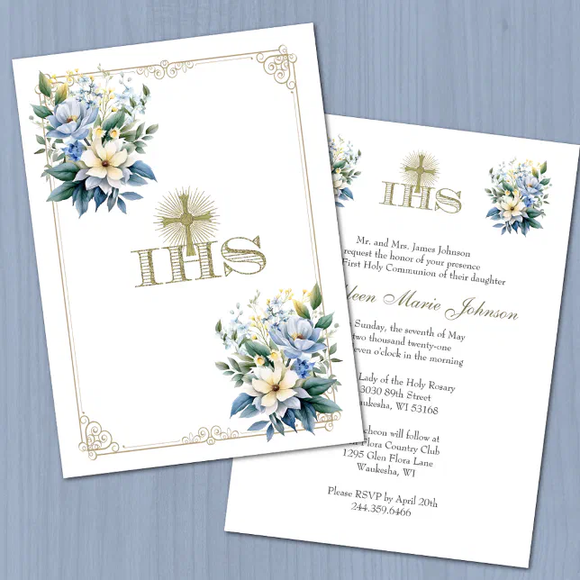 Traditional Catholic Holy Communion Floral Invitation | Zazzle