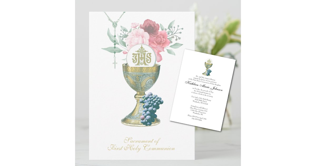 Traditional Catholic Holy Communion Floral Invitation | Zazzle