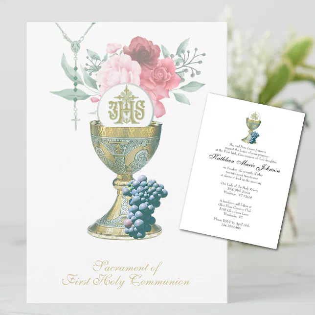 Traditional Catholic Holy Communion Floral Invitation | Zazzle