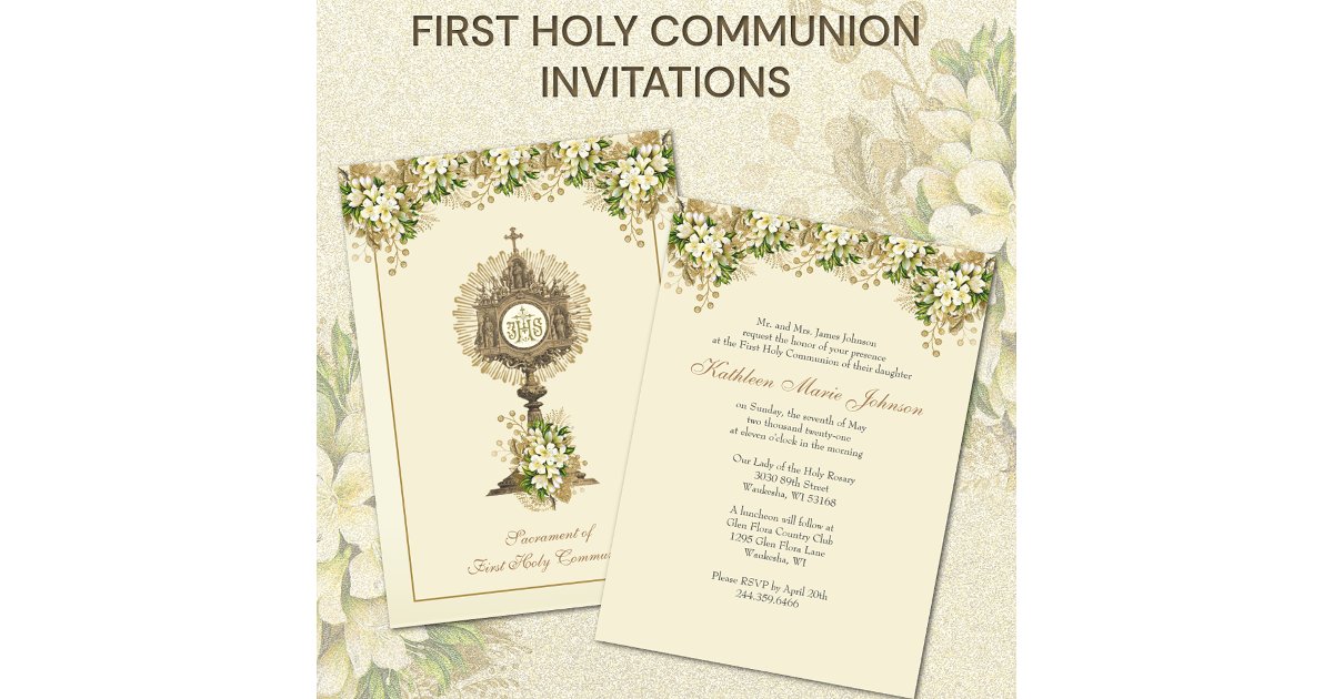 Traditional Catholic Holy Communion Floral Invitation | Zazzle