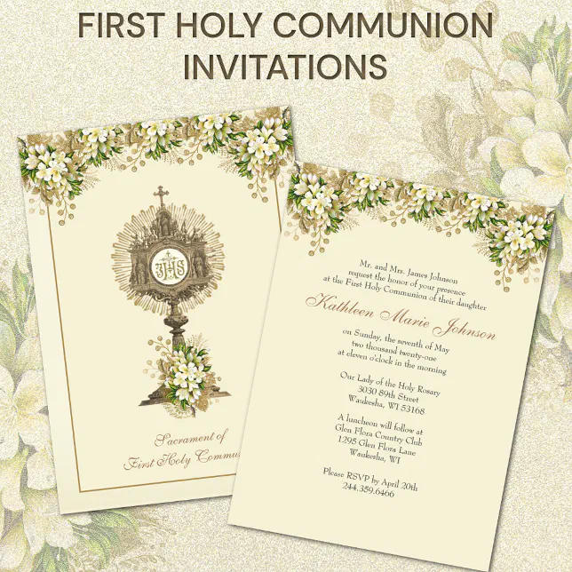 Traditional Catholic Holy Communion Floral Invitation | Zazzle