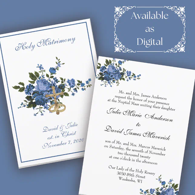 Traditional Catholic Religious Blue Roses Wedding Invitation | Zazzle