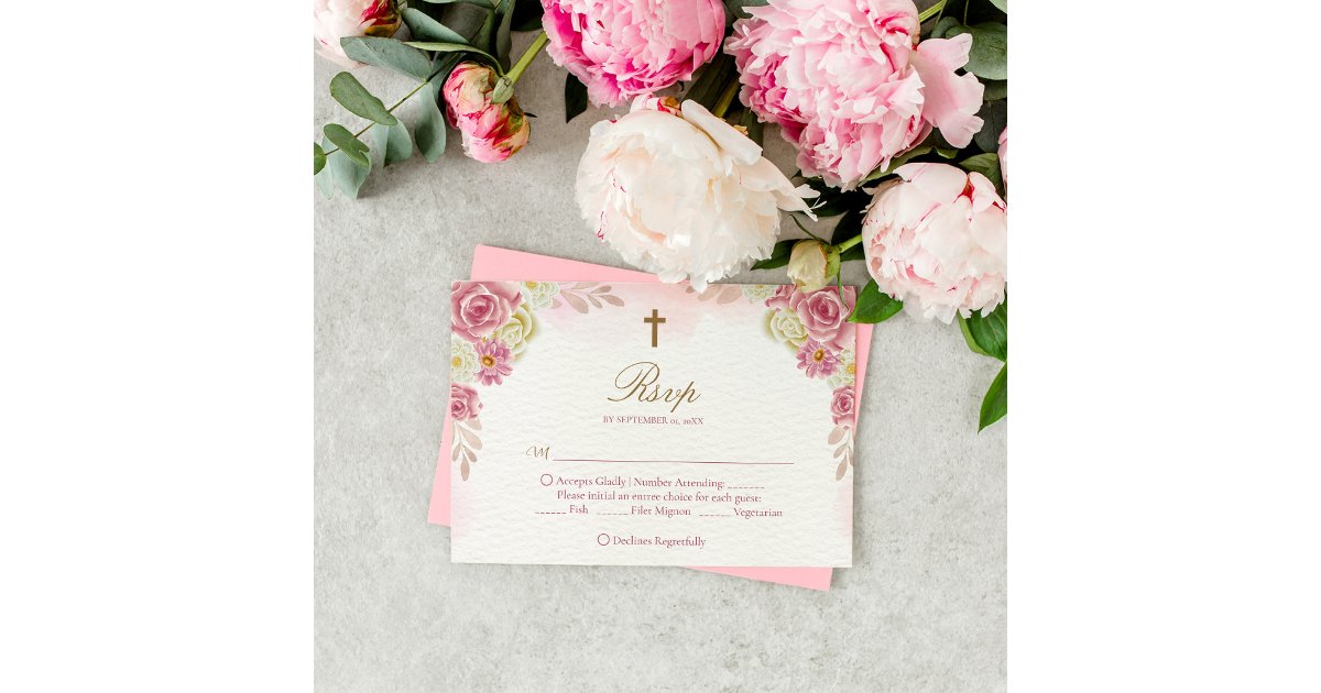 Traditional Christian Pink Floral Catholic Wedding RSVP Card | Zazzle