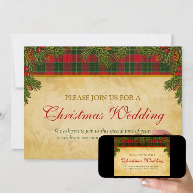 Traditional Christmas Tartan Plaid Wedding Invitation | Zazzle