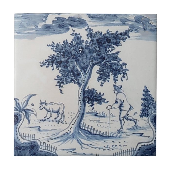 Traditional Delft Tile with Farmer and Cow-31 | Zazzle.com