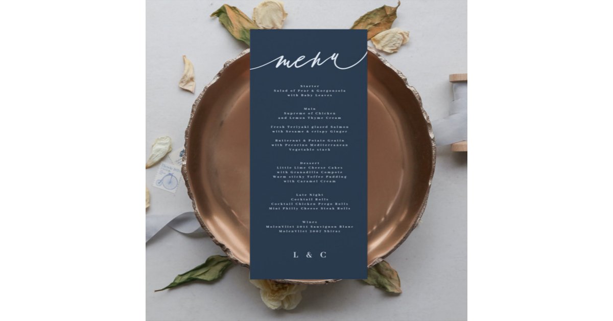 Traditional Elegant Navy Blue White Monogram Menu | Zazzle