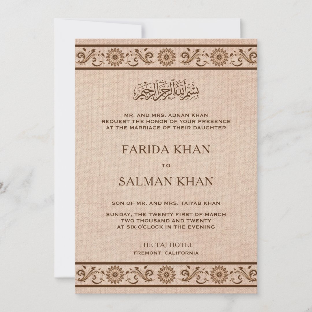 Traditional Floral Border Burlap Muslim Wedding Invitation | Zazzle